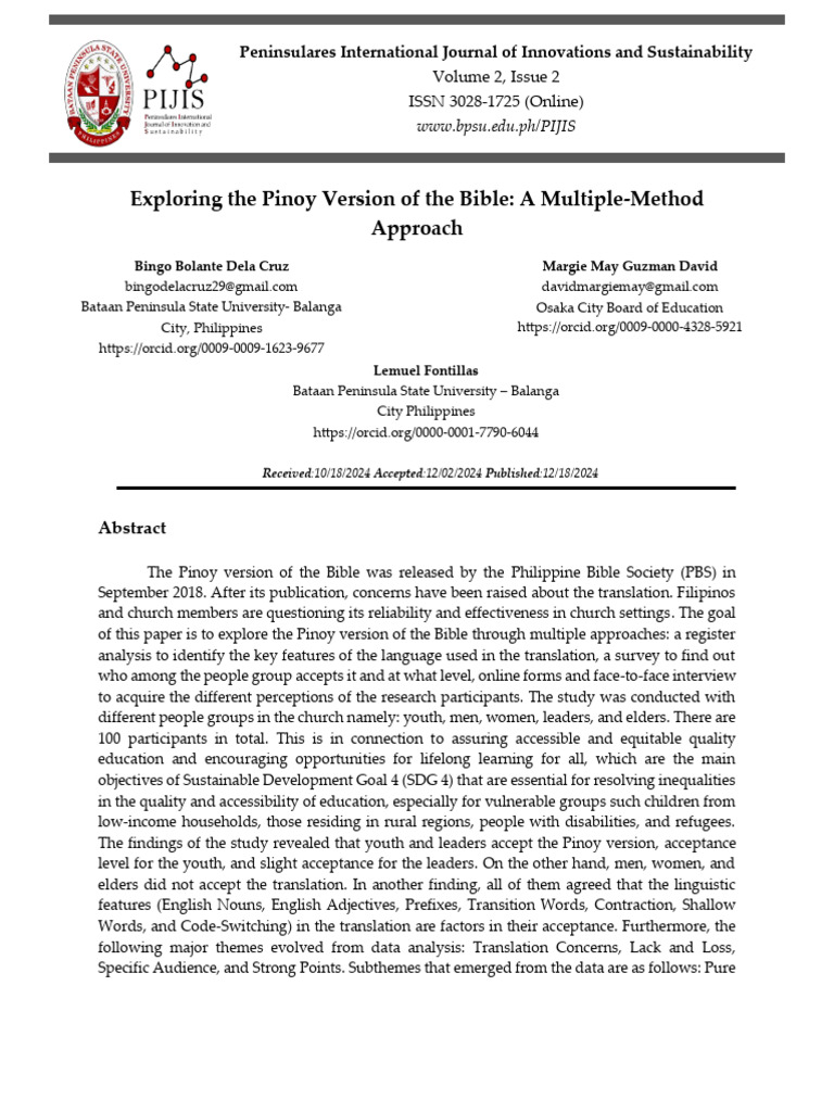 Exploring the Pinoy Version of the Bible: A Multiple-Method Approach ...