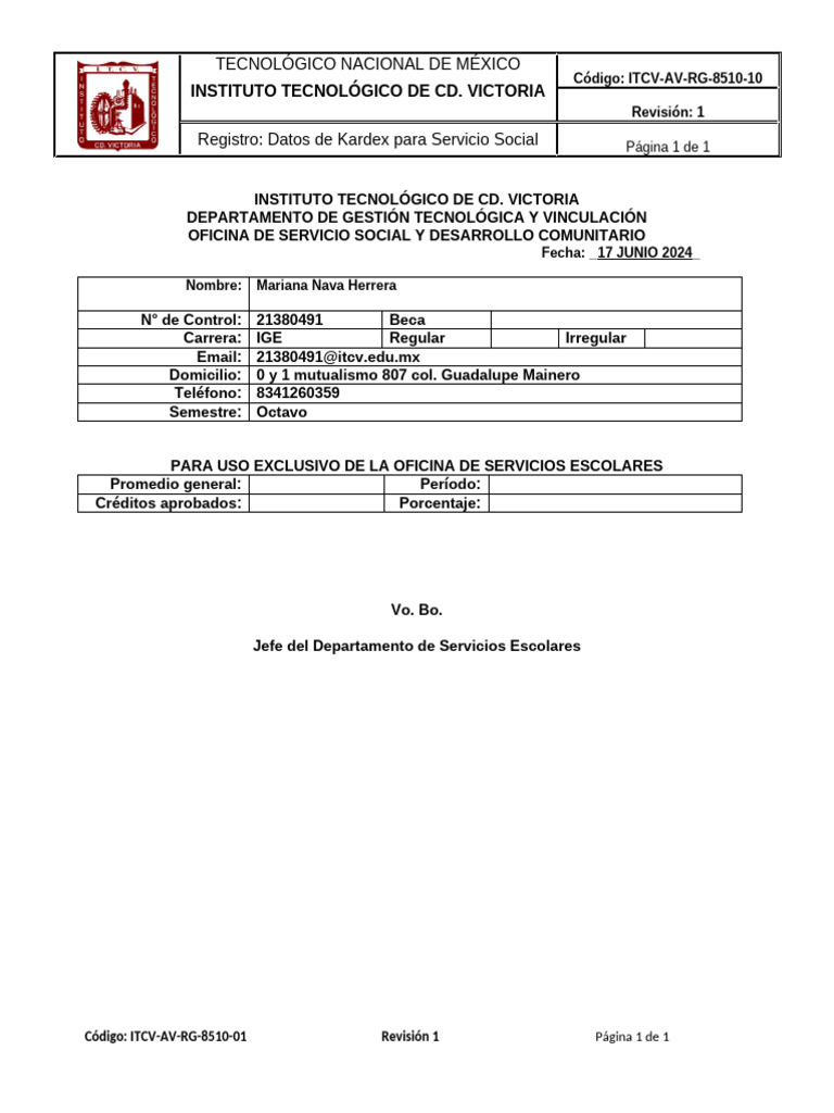 Kardex Servicio Social ITCV 2024 | PDF
