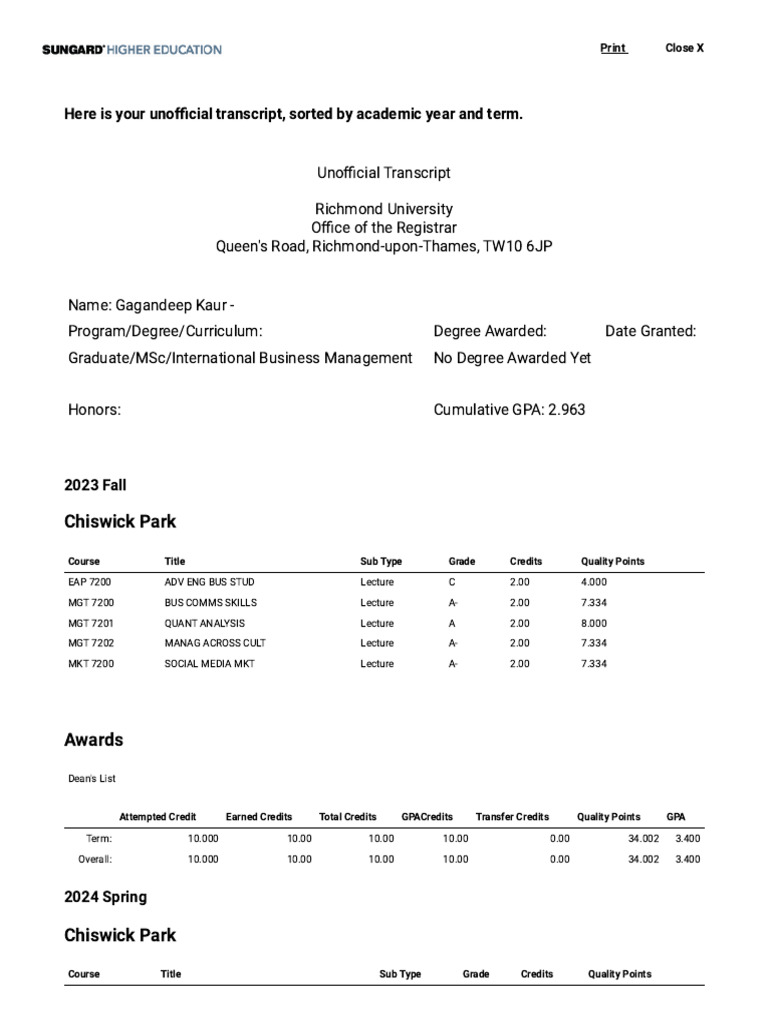 Self-Service - Unofficial Transcript PDF | PDF | Academia | Student Assessment And Evaluation