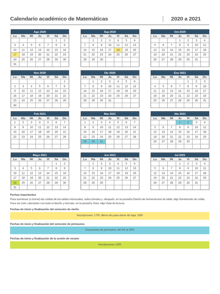 Calendario Académico Matemáticas 2020-2021 | PDF | Estaciones | Clima