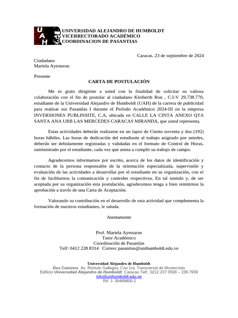 Carta de Postulacion | PDF