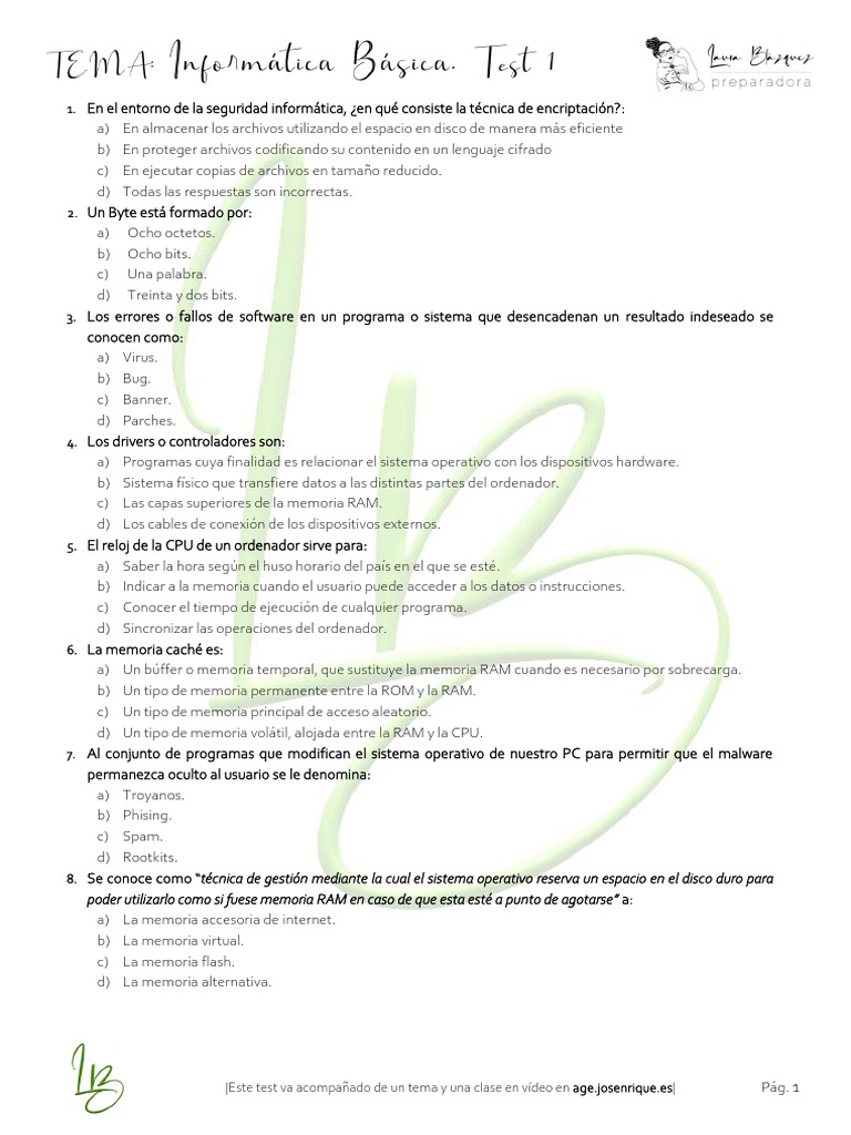 Test Informatica Basica Oposiciones PDF Gratis | PDF | Almacenamiento ...