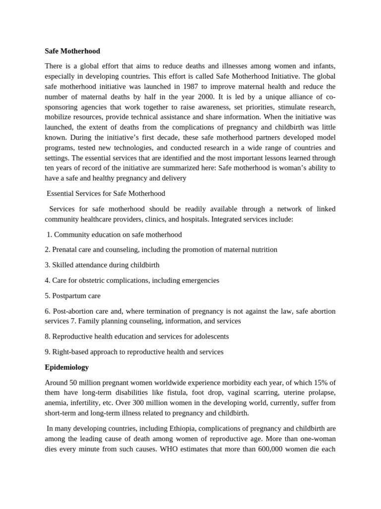 Safe Motherhood Initiative Overview | PDF | Maternal Death | Childbirth