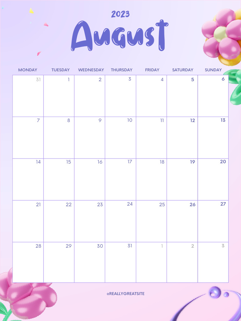 Pink and Purple Cute 3D August 2023 Calendar Document A4 | PDF