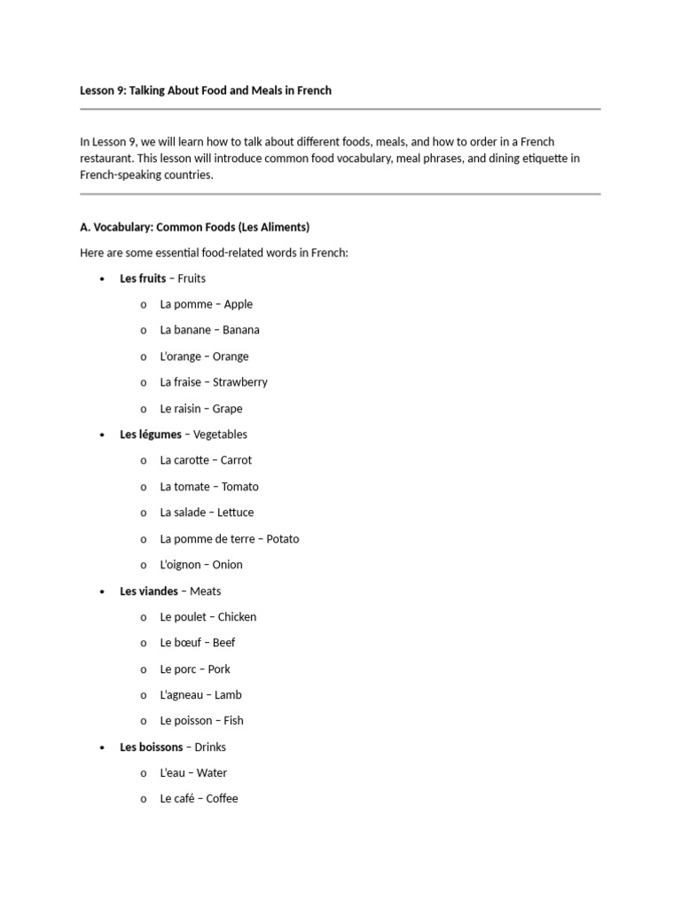French Beginner Lesson 9 | PDF | French Cuisine | Meal