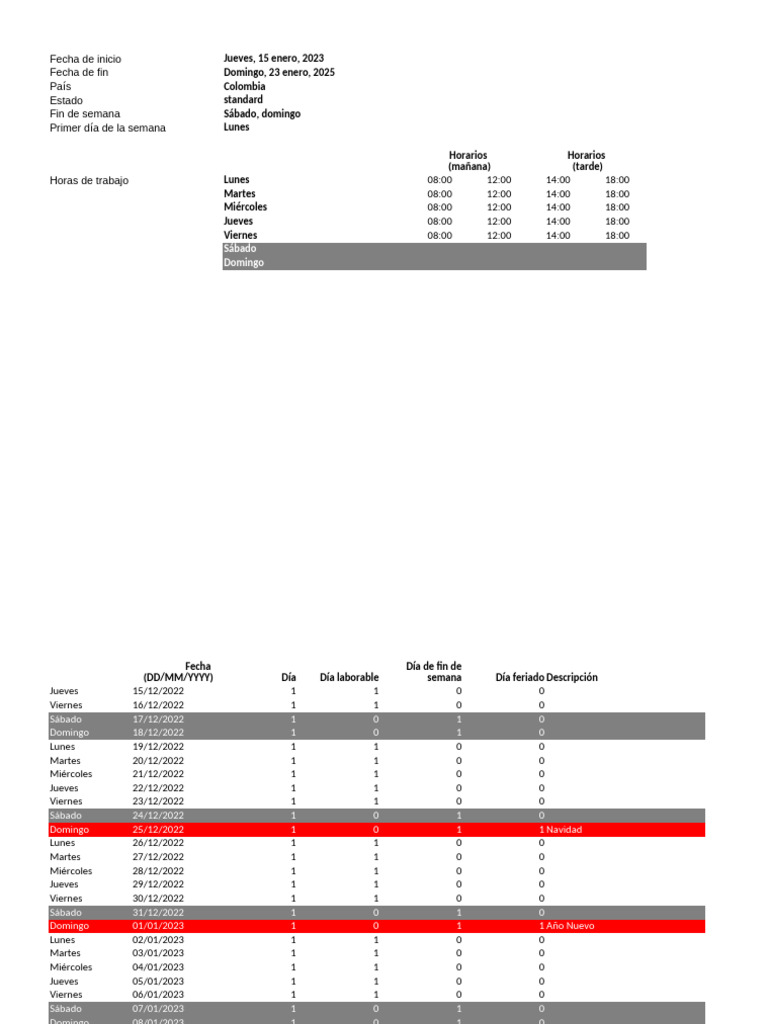DÃ - As Laborables Archivo de Excel Colombia - Standard-Example-1738025240 | PDF