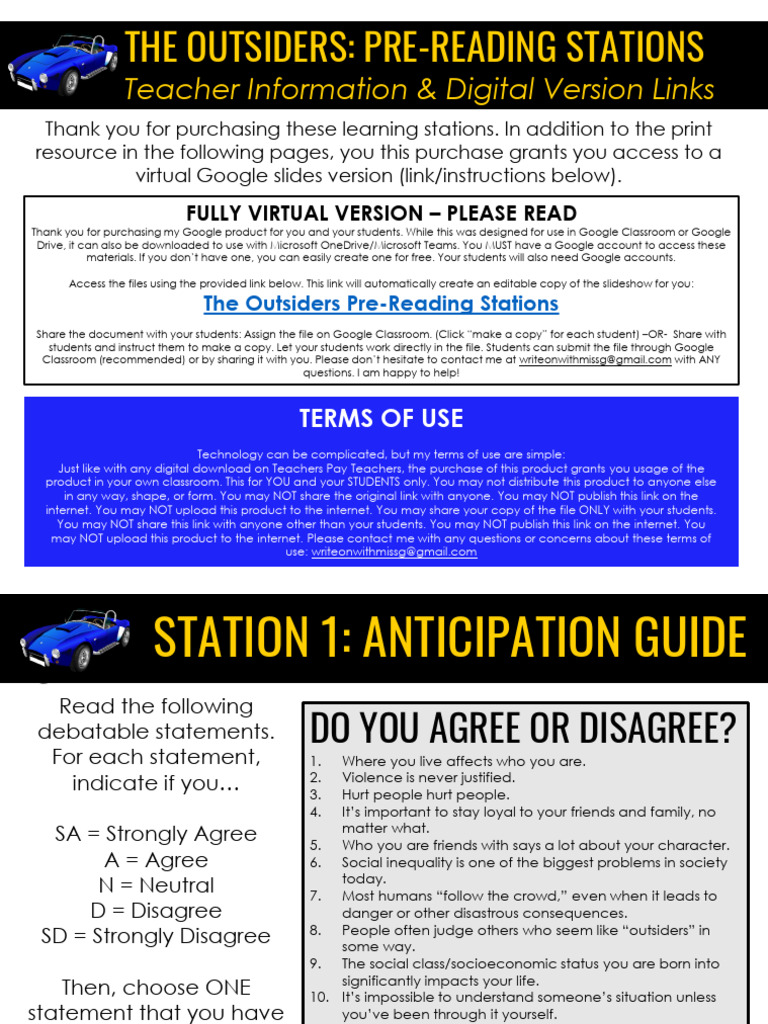 01 - The Outsiders Pre-Reading Learning Stations - Engaging Activity | PDF