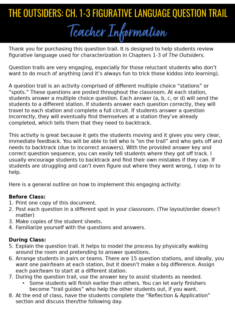05 - The Outsiders - Chapters 1-3 Figurative Language Question Trail ...