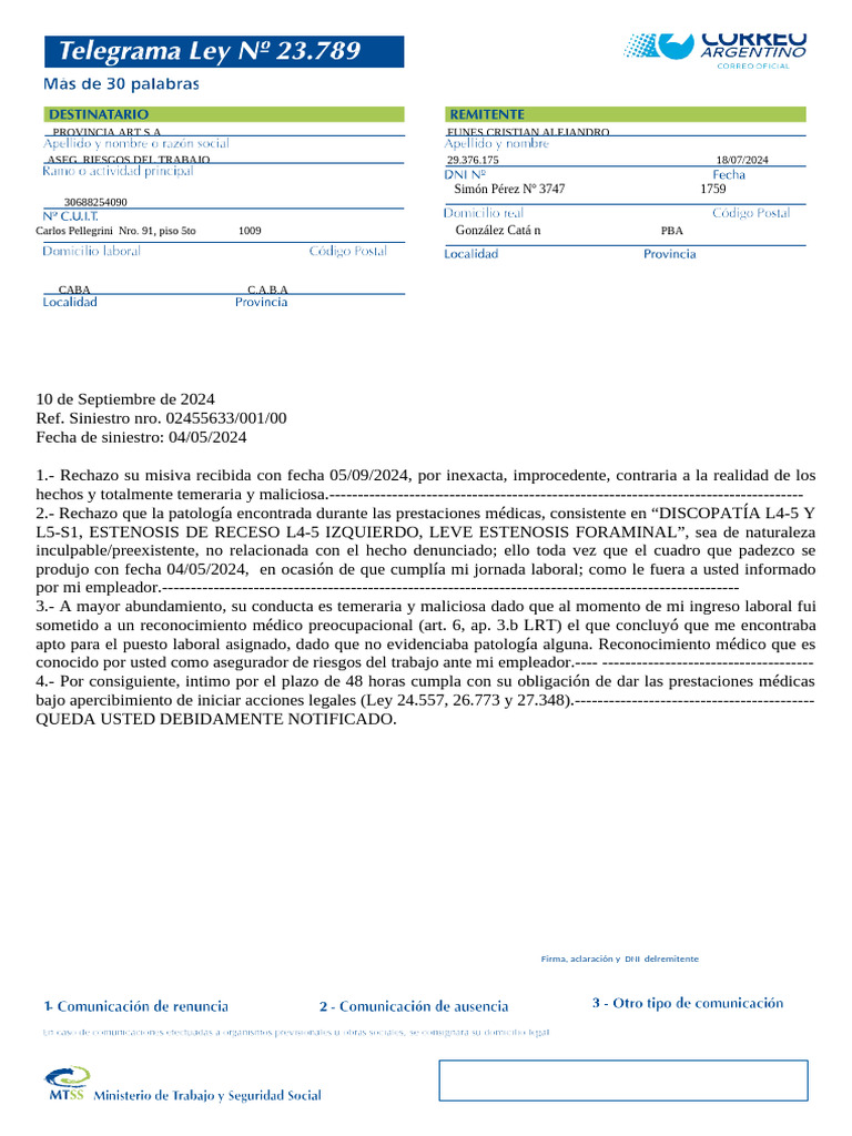 Modelo de Telegrama - Datos ficticios | PDF