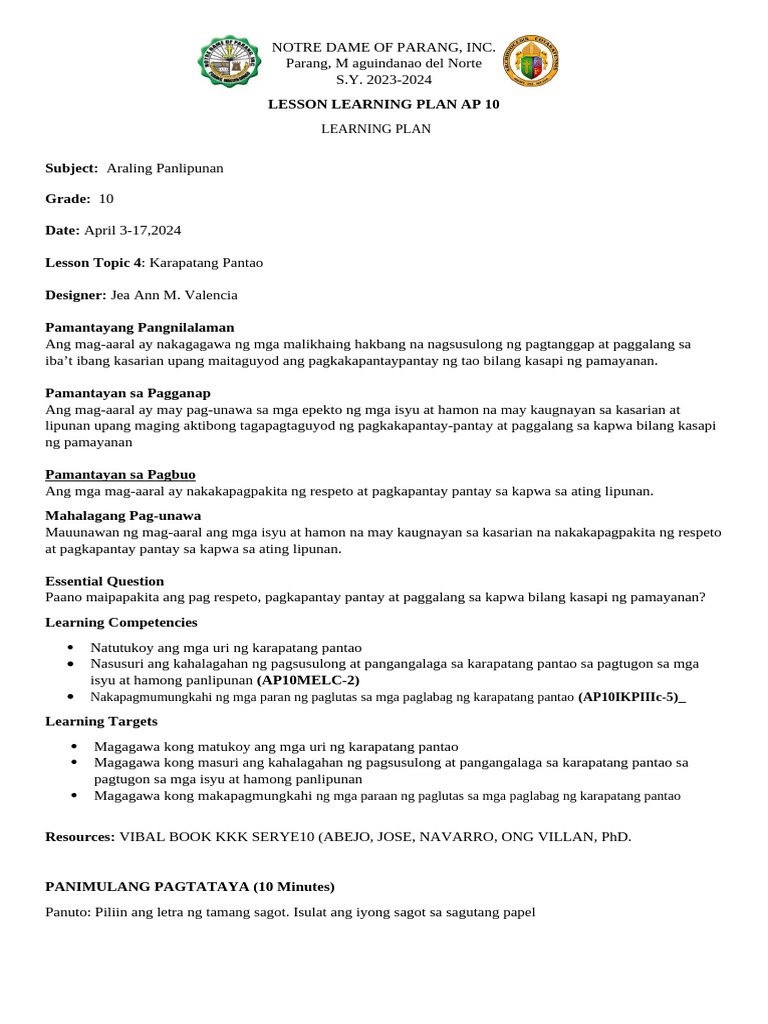 4TH AP LESSON PLAN Karapatang Pantao) | PDF