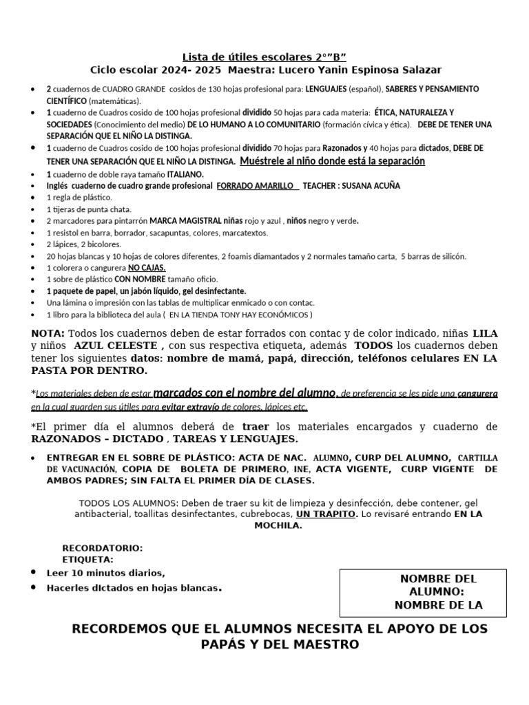 Lista de Útiles Escolares 2B | PDF | Cuaderno