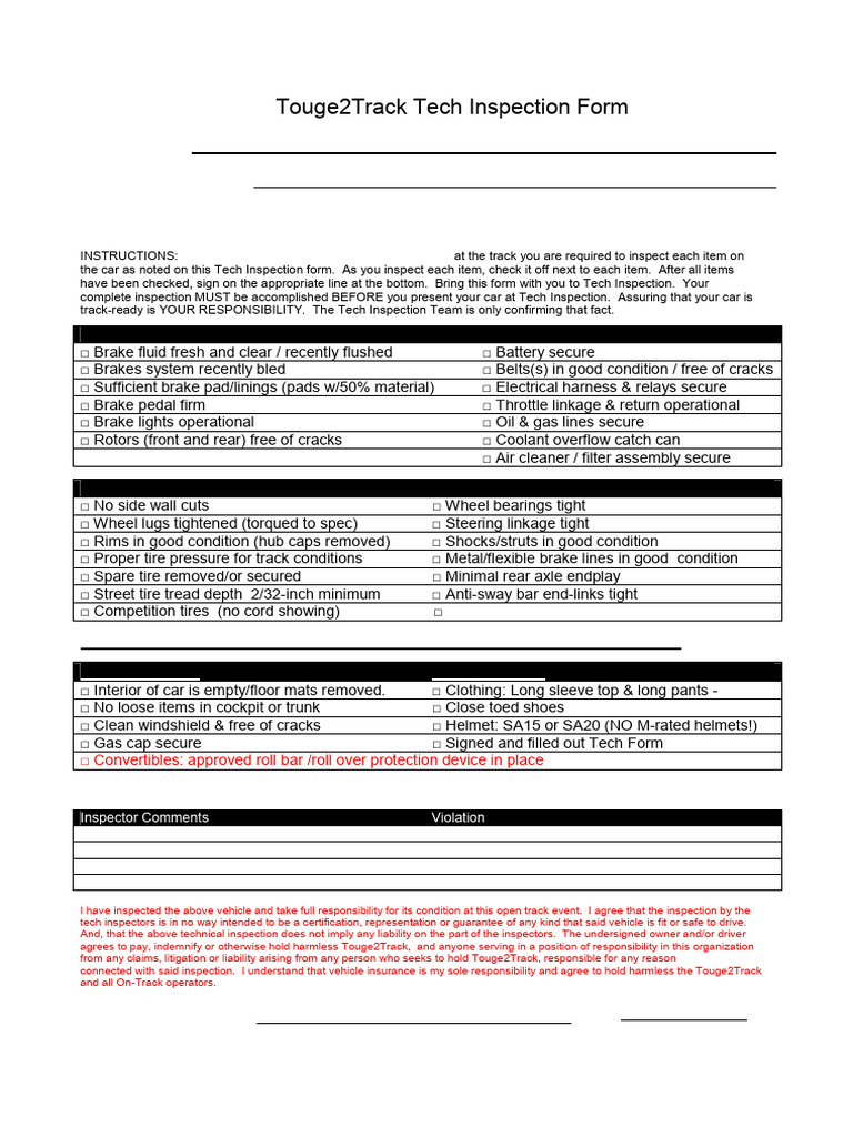 Tech Inspection Form | PDF | Tire | Brake