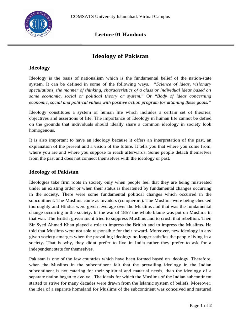 HUM111 Handouts Lecture01 | PDF | Two Nation Theory | Ideologies