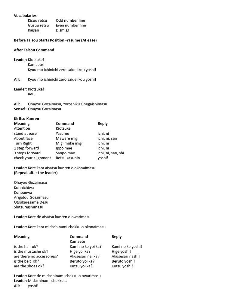 Japanese Taisou Vocabulary Guide | PDF