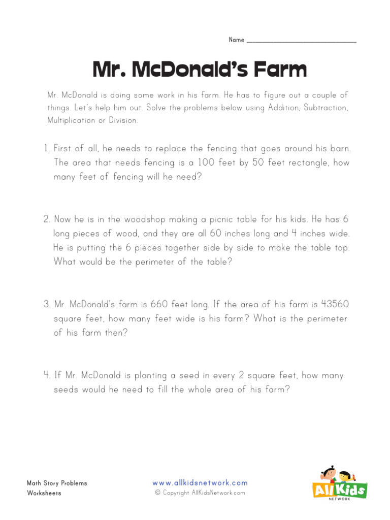 story-problems-worksheet-perimeter-area-mcdonaldsfarm | PDF | Area ...