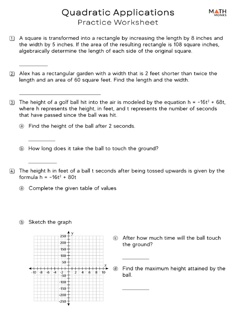 Quadratic Applications Practice Worksheet With Answers | PDF