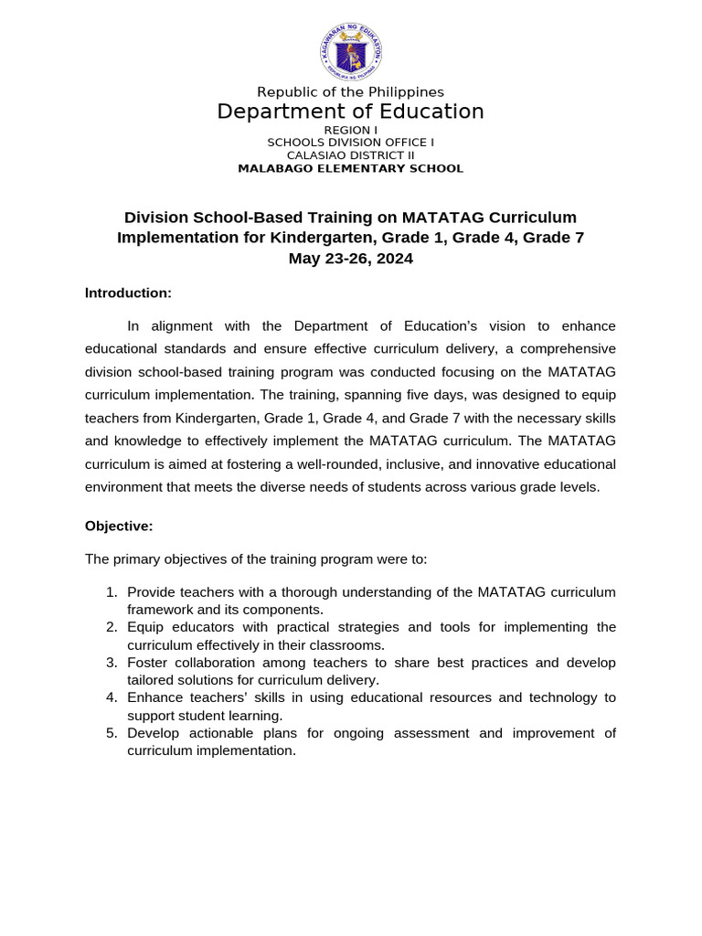 MATATAG Curriculum Training Report | PDF | Curriculum | Teachers