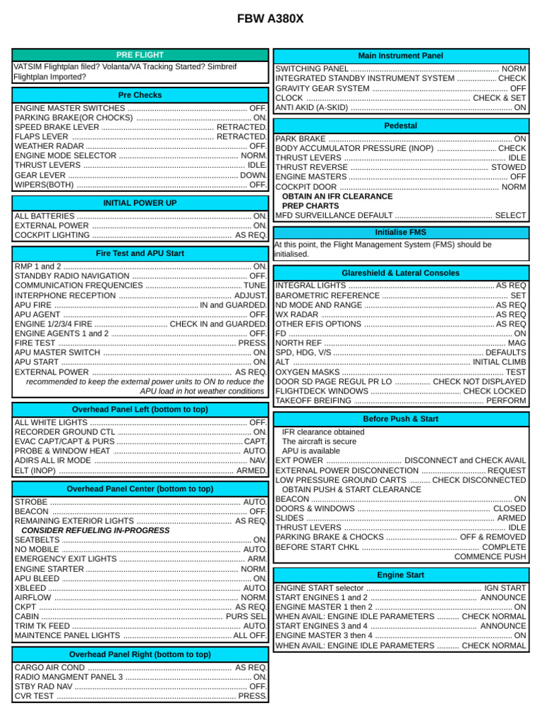 A380X Pre-Flight Checklist Guide | PDF | Cockpit | Takeoff
