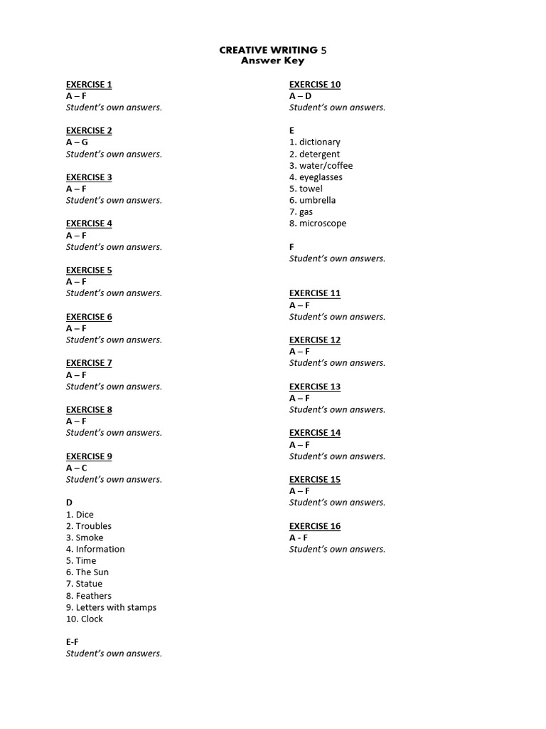 Creative Writing 5 Answer Key | PDF