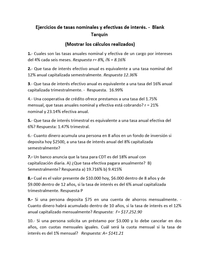 Ejercicios Tasas Nominales y Efectivas de Interés | PDF