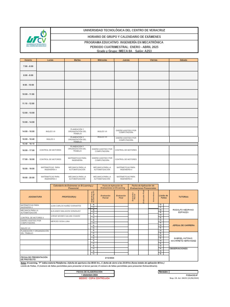 Horario y Exámenes IMECA 8A 2025 | PDF | Ingeniería