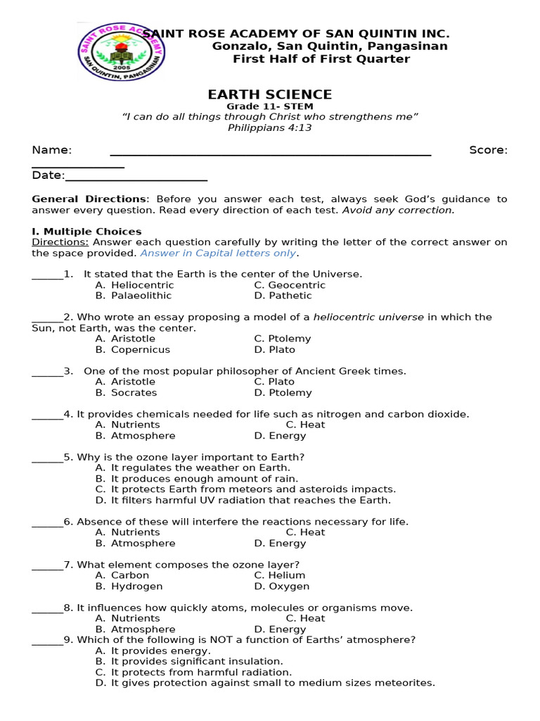 1ST Half Exam of Earth Science | PDF | Atmosphere | Earth