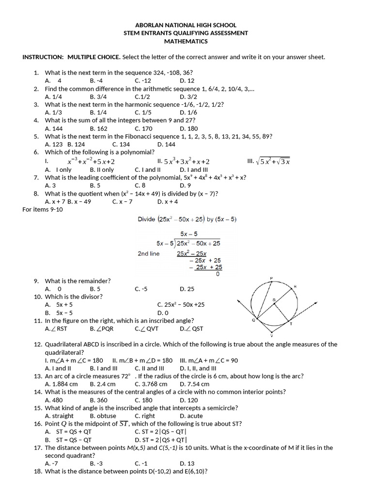 Stem Entrants Math Questions | PDF | Circle | Trigonometric Functions