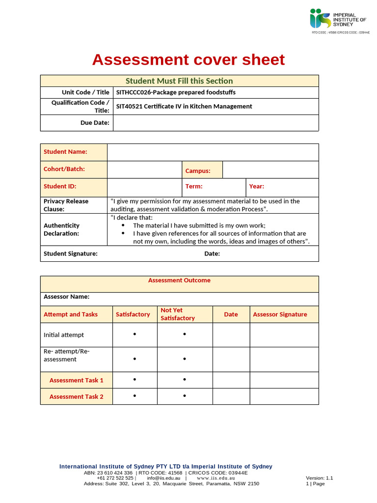 Assessment Cover Sheet for SITHCCC026 | PDF | Food Safety | Plagiarism