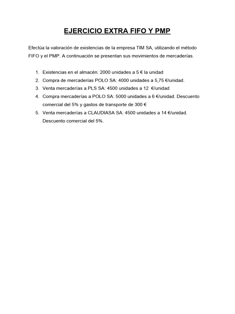 Valoración de Existencias FIFO y PMP | PDF