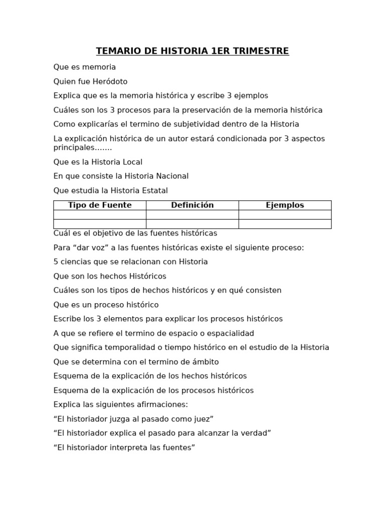 TEMARIO DE HISTORIA 2do. 1ER TRIMESTRE | PDF