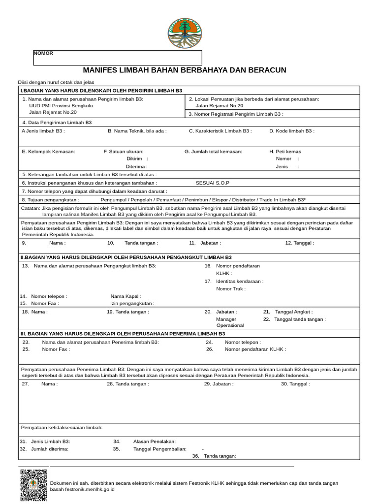 Formulir Manifes Limbah B3 | PDF