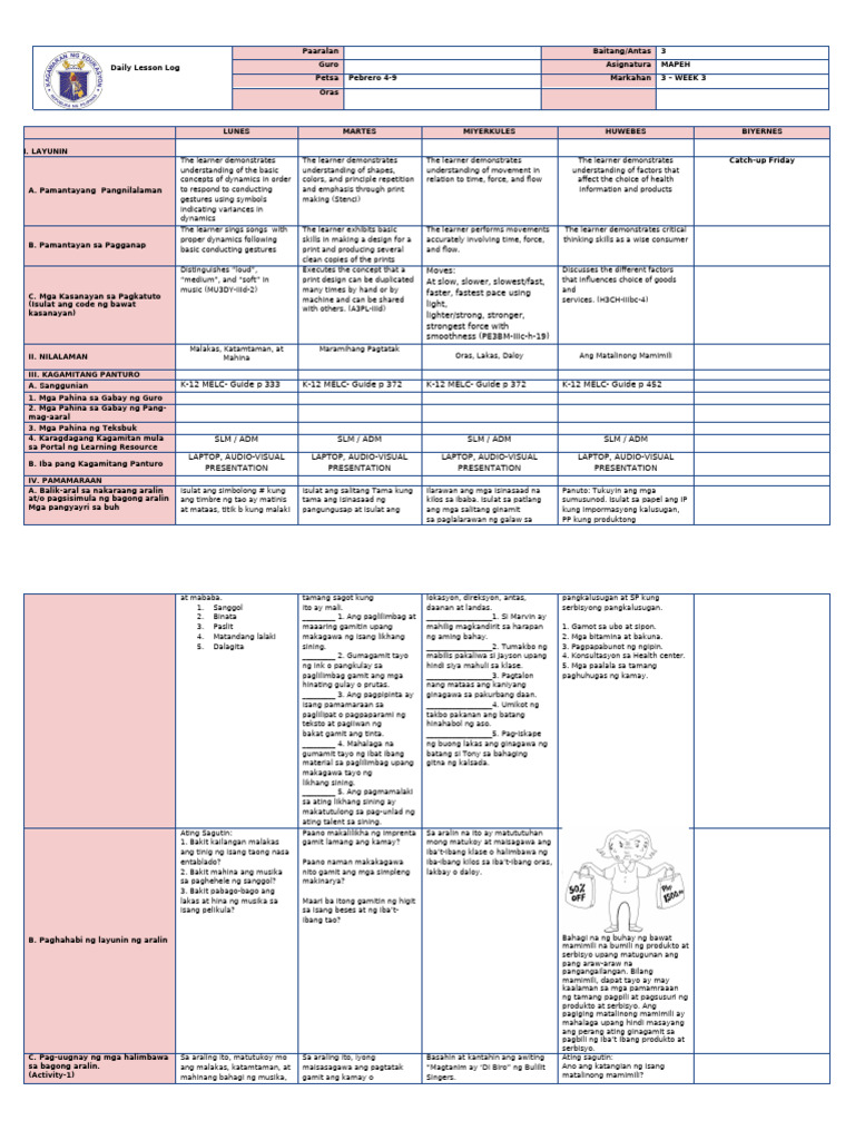 DLL MAPEH 3 Q3W3 | PDF