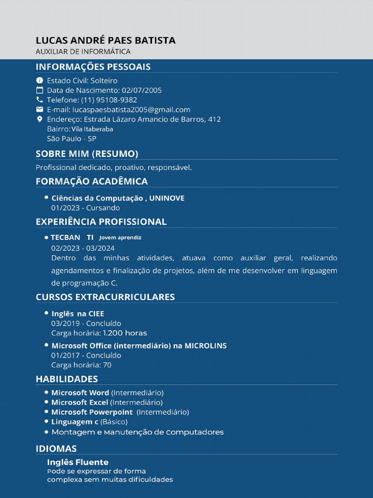 Curriculo - Lucas Andre Paes Batista - 2 | PDF