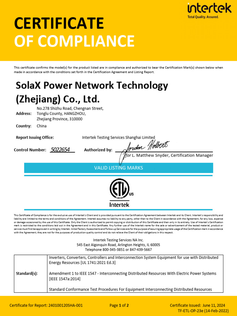 SolaX - X3-PRO-G2-LV - UL 1741&IEEE 1547 - 5022654-240100120SHA-001 ...