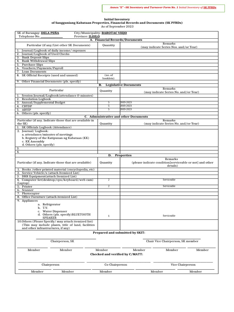 ANNEX E SK Inventory and Turnover Form No. 1 Initial Inventory of SK ...