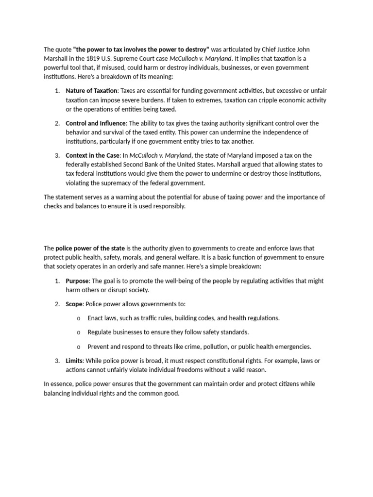 Taxation's Power to Destroy Explained | PDF