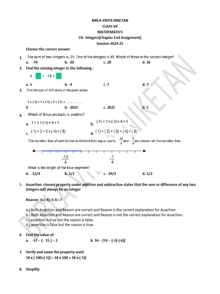 Class VII Mathematics: Integers Assignment | PDF | Mathematics | Arithmetic