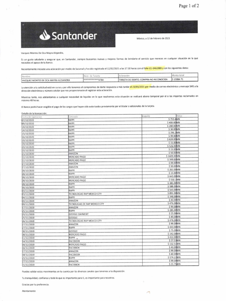 Aclaracion Santander | PDF