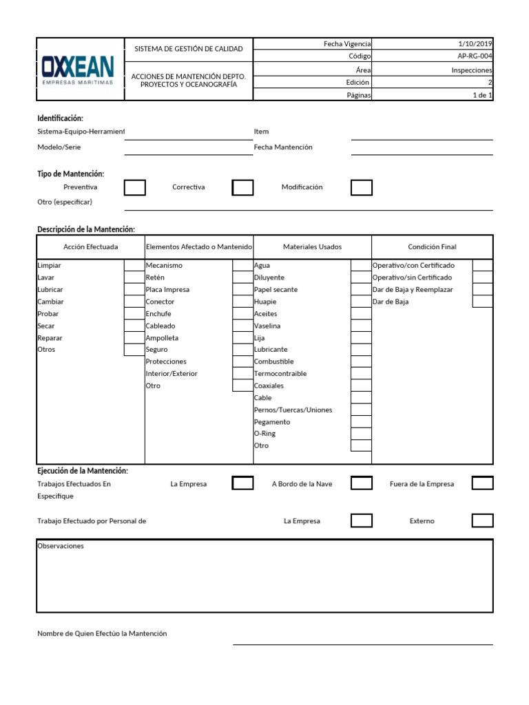 Registro de Mantenciones rovs | PDF