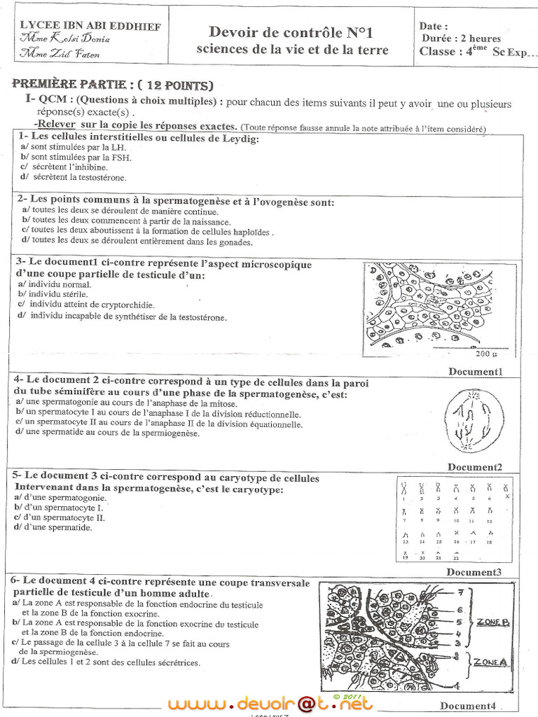 Devoir de Contrôle N°1 - SVT - Bac Sciences Exp (2011-2012) MR Great | PDF