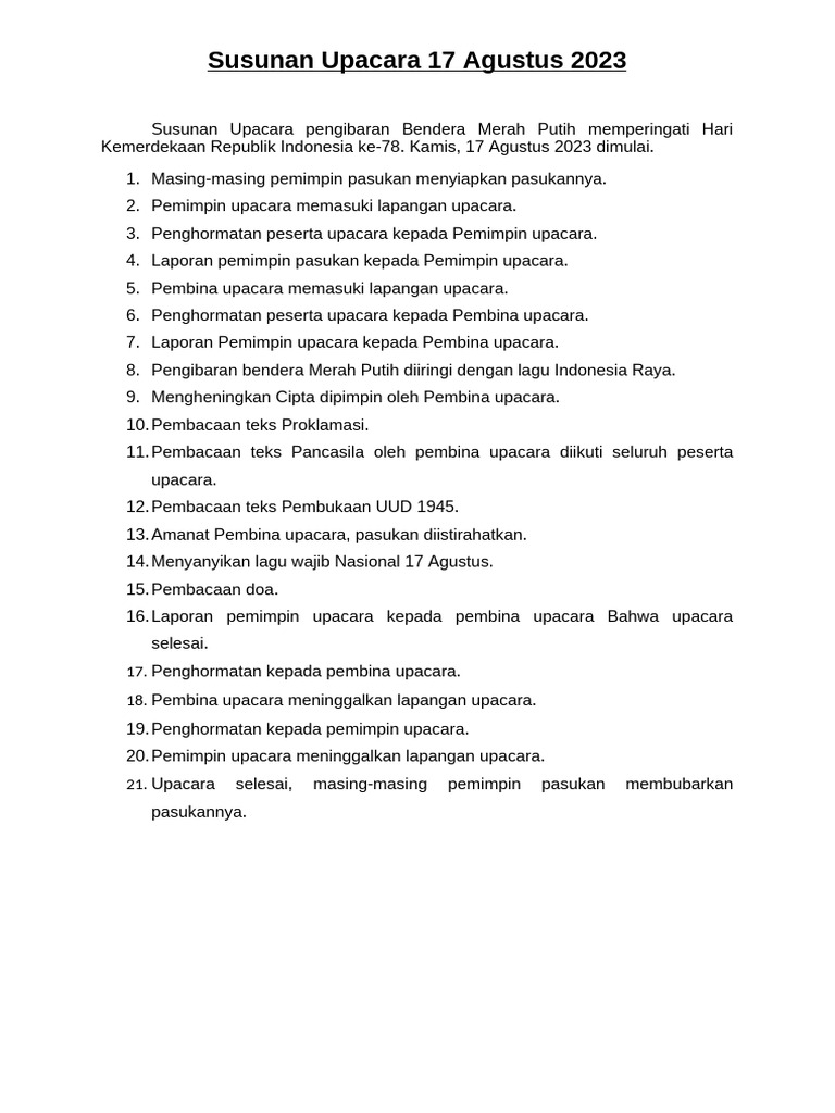 Susunan Upacara 17 Agustus 2023 | PDF