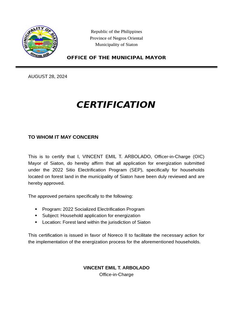 Siaton Certification for Noreco II Energization | PDF