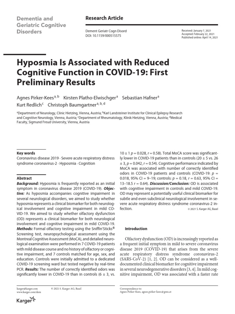 Hyposmia Is Associated with Reduced Cognitive Function in COVID-19 ...