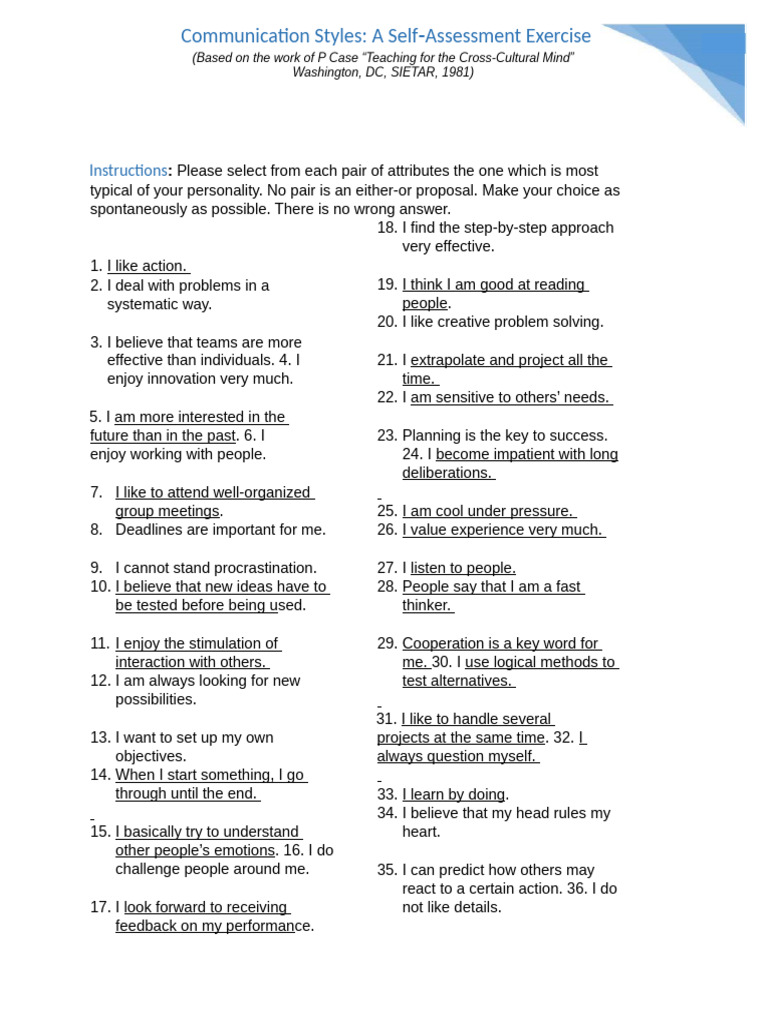 Communication Styles Self-Assessment | PDF | Communication | Mind