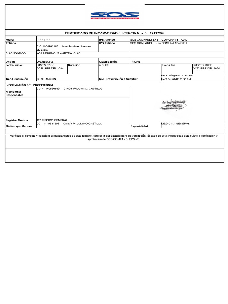 Incapacidad SOS COMFANDI | PDF