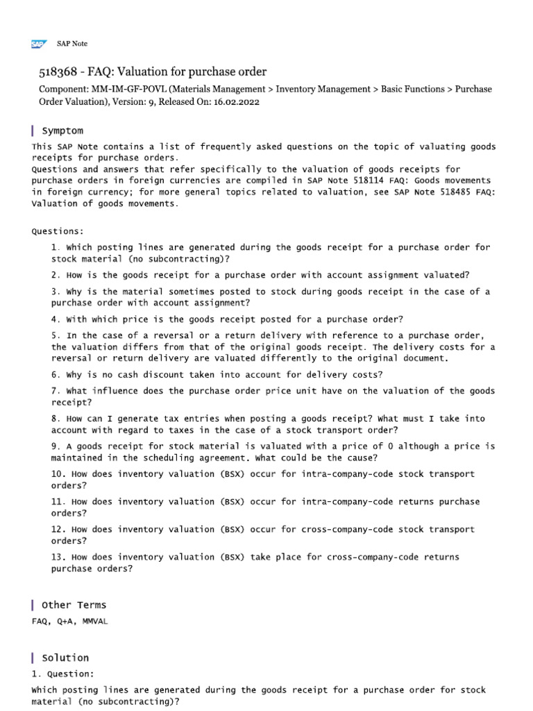 SAP Note 518368 - FAQ Valuation For Purchase Order | PDF