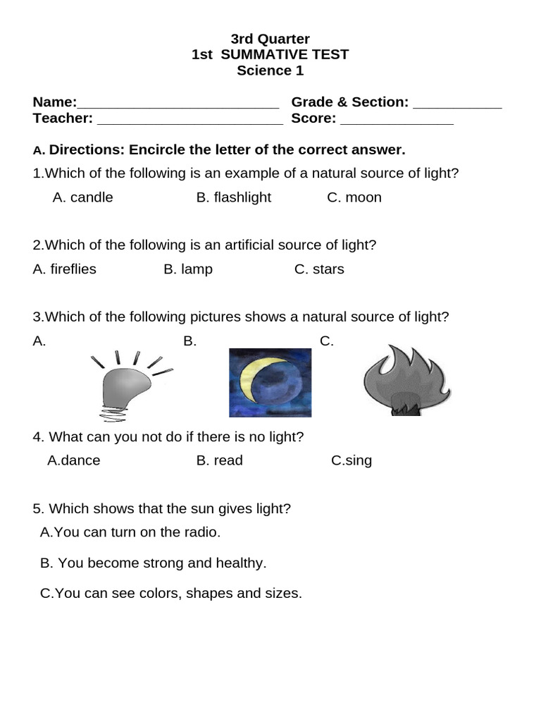 summative tests | PDF | Light