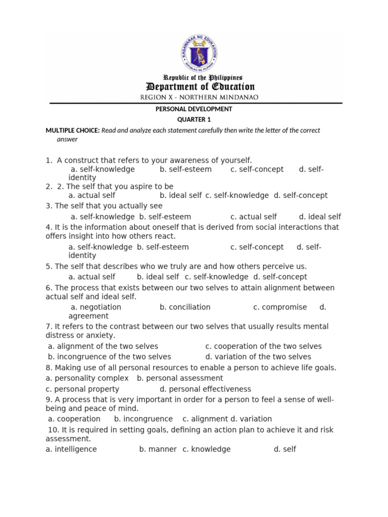 Perdev Quiz | PDF | Self Concept | Self Esteem