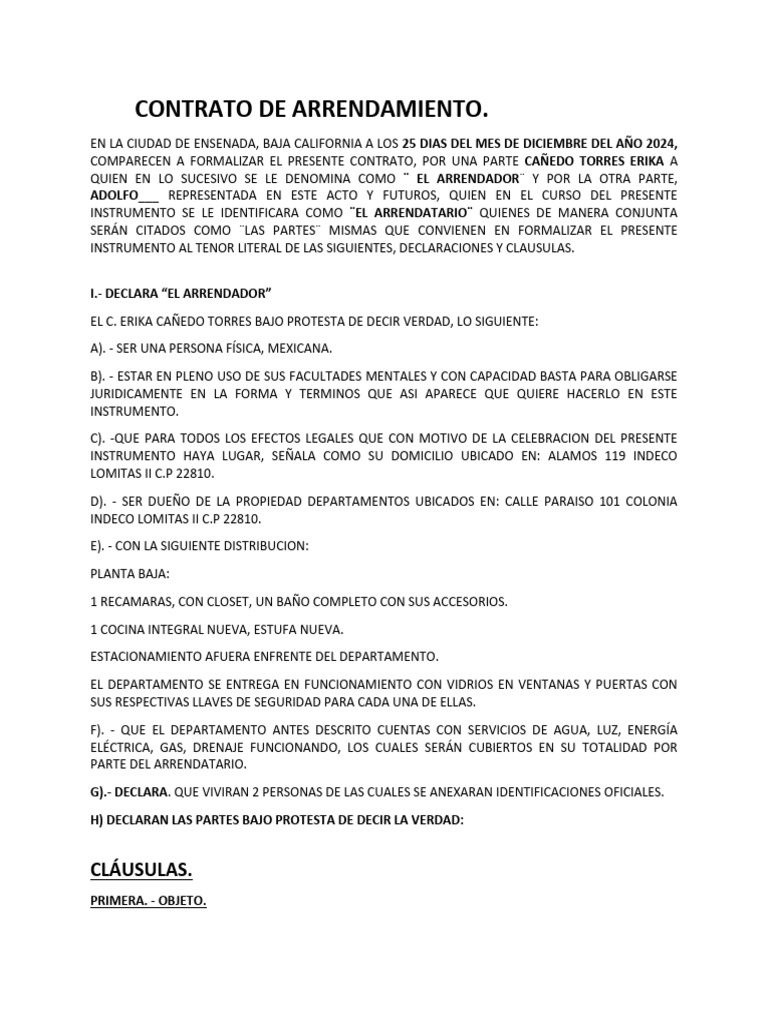 Contrato de Arrendamiento Depa 2 PDF | PDF | Ley de obligaciones | Derecho privado