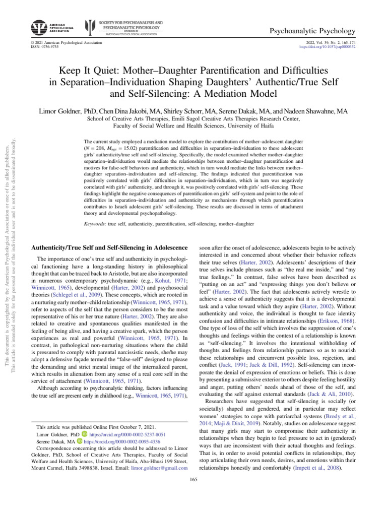 Keep It Quiet: Mother-Daughter Parentification and Difficulties in ...